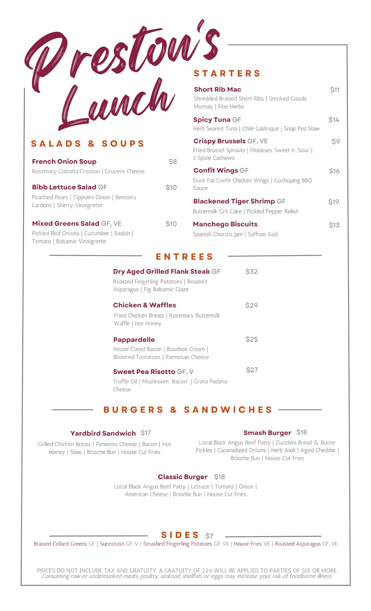 Menu at Preston's Restaurant, Blacksburg