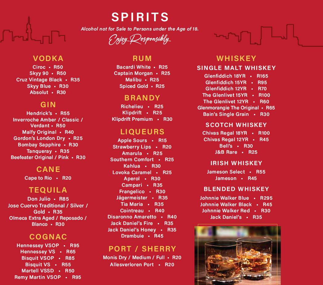 Menu at Skyline Rooftop Restaurant, Bar and Lounge, Pretoria