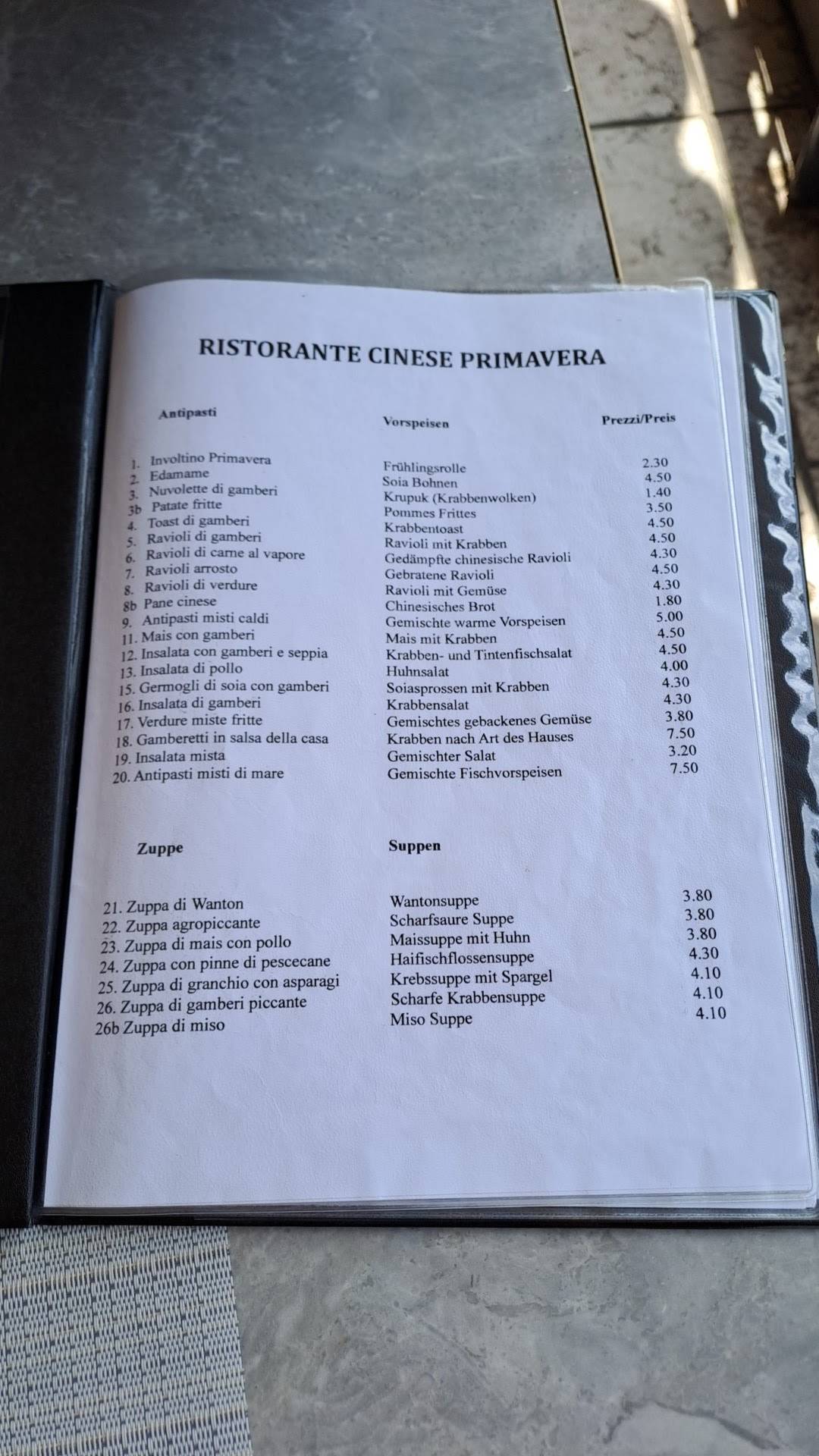 Menu da Ristorante Cinese Primavera, Merano