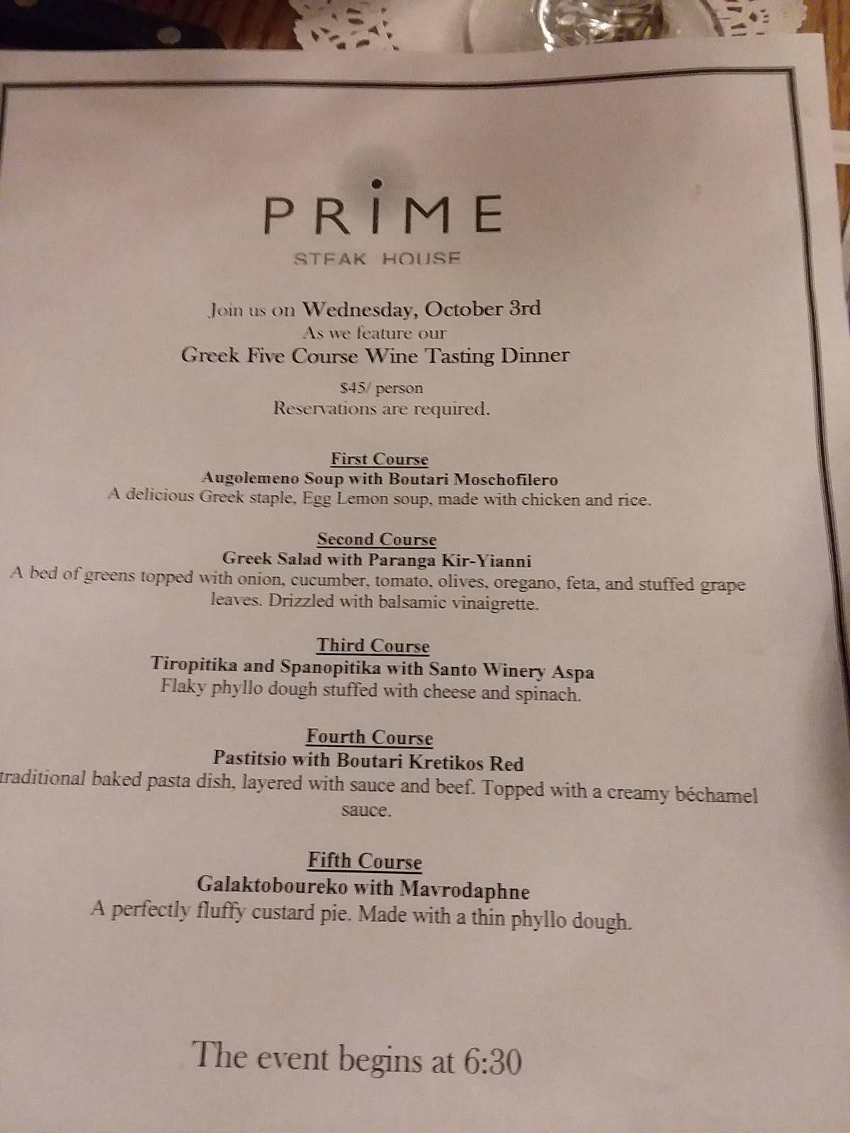 Menu at Prime Steak House steakhouse, Bethlehem