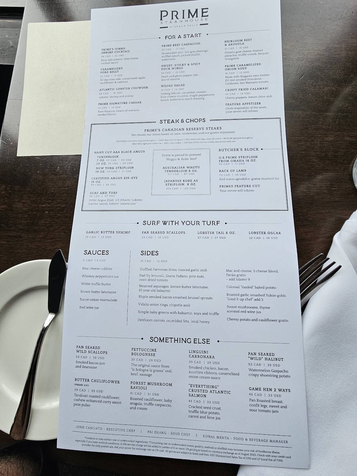 Menu at Prime Steakhouse Niagara Falls, Niagara Falls