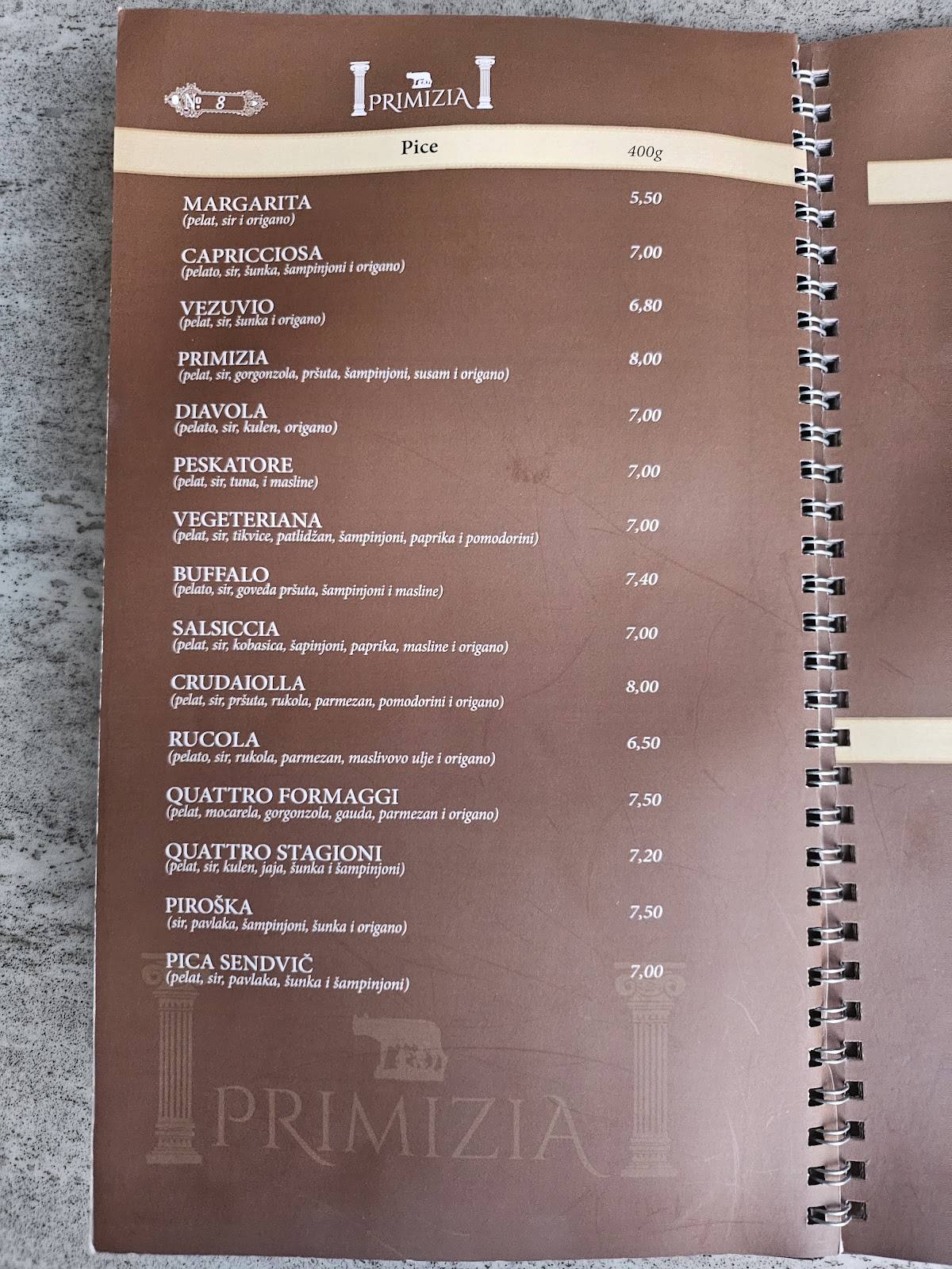 Menu at Primizia restaurant, Podgorica