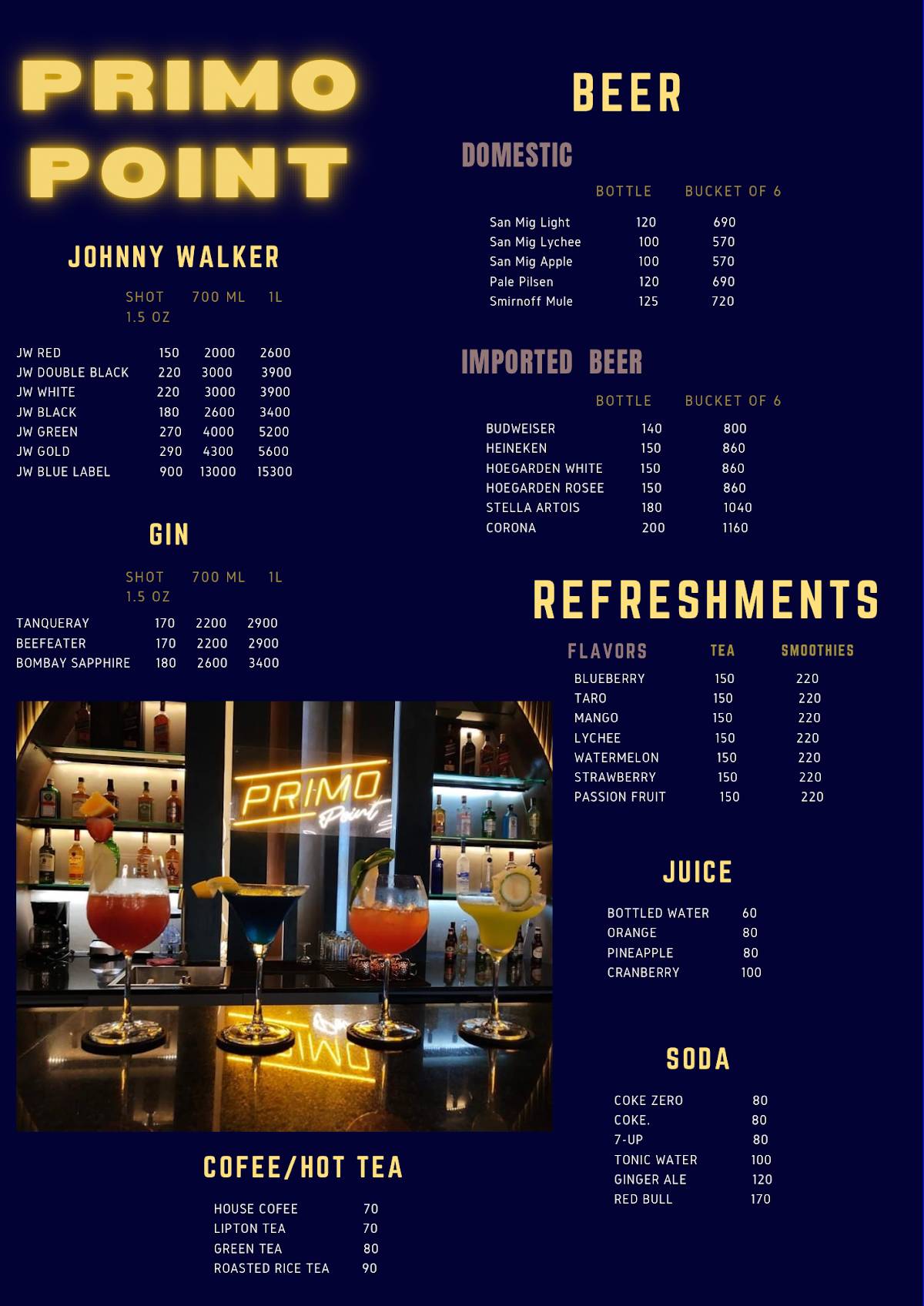 Carta de Primo Point Bar and Restaurant, Baguio