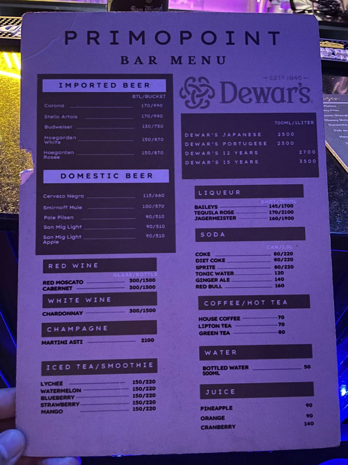 Menu at Primo Point Bar and Restaurant, Baguio