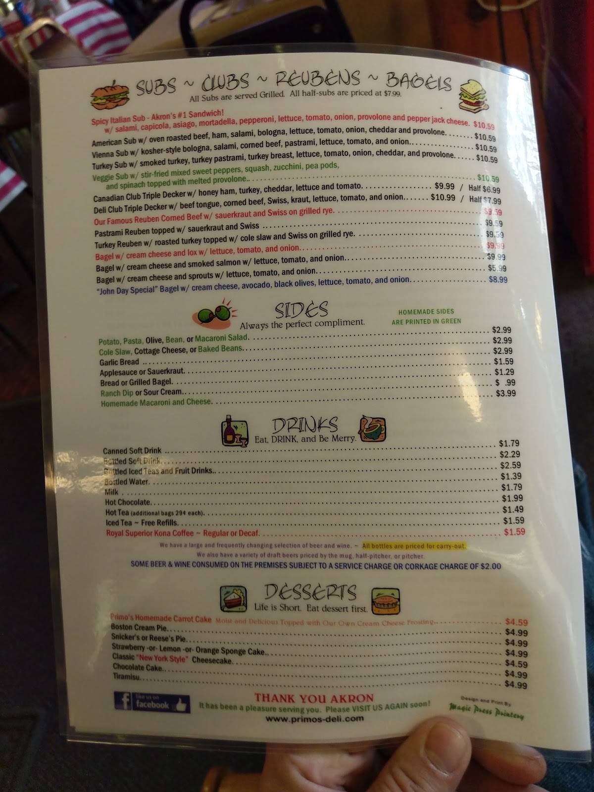 Menu at Primo's Deli restaurant, Akron
