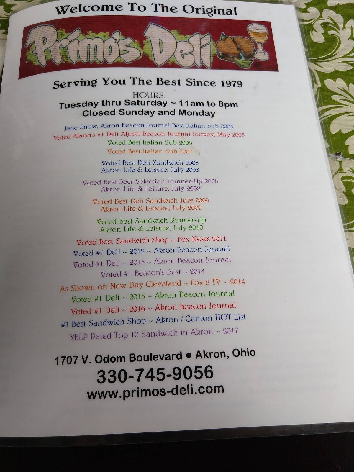 Menu at Primo's Deli restaurant, Akron