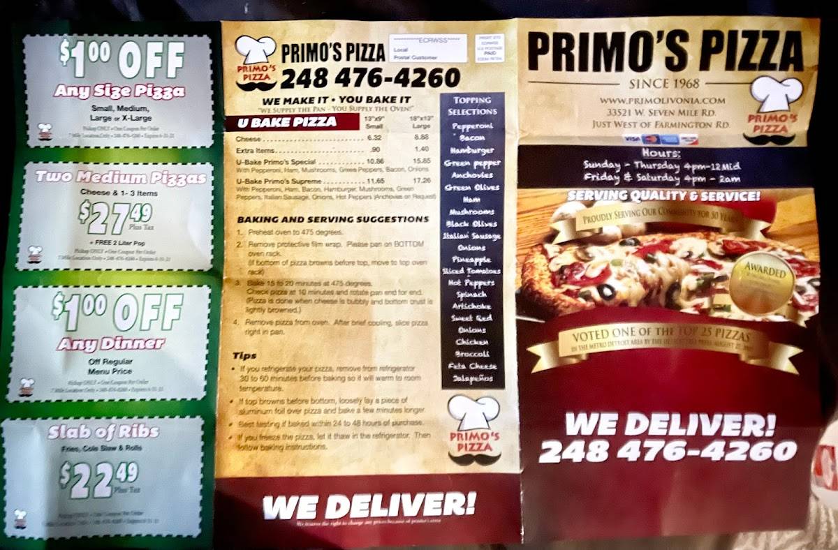 Menu at Primo's Pizzeria, Livonia, W Seven Mile Rd