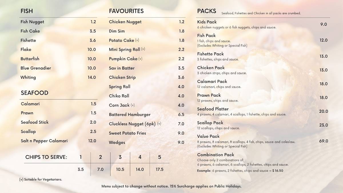 Menu at Prize Catch Fish & Chips restaurant, Geelong
