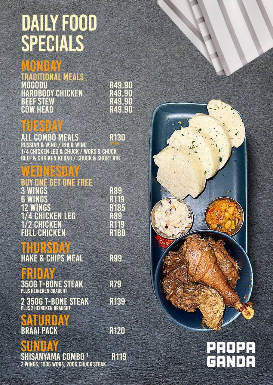 Menu at Propaganda Pretoria club, Pretoria