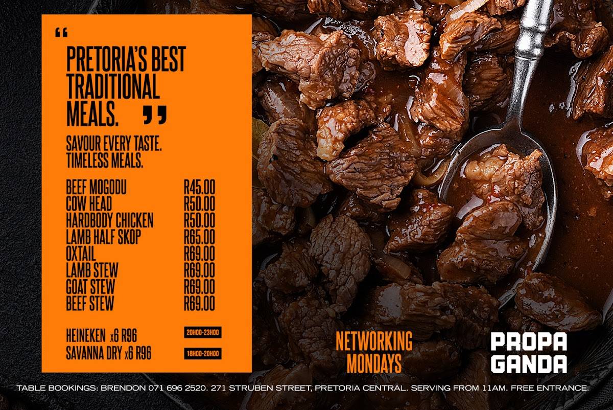 Menu at Propaganda Pretoria club, Pretoria