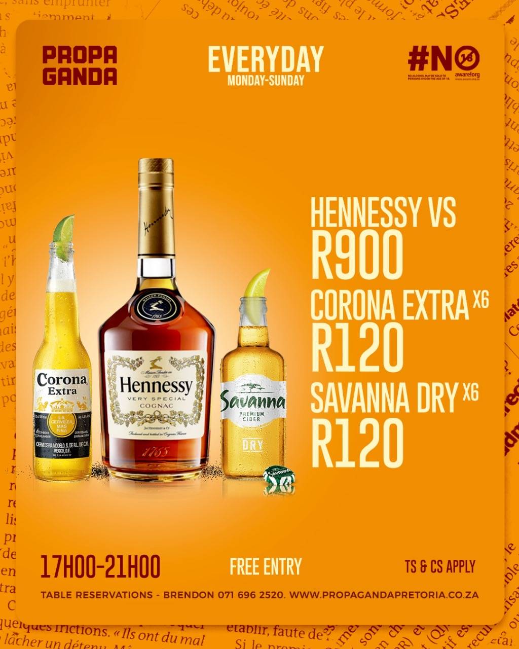 Menu at Propaganda Pretoria club, Pretoria