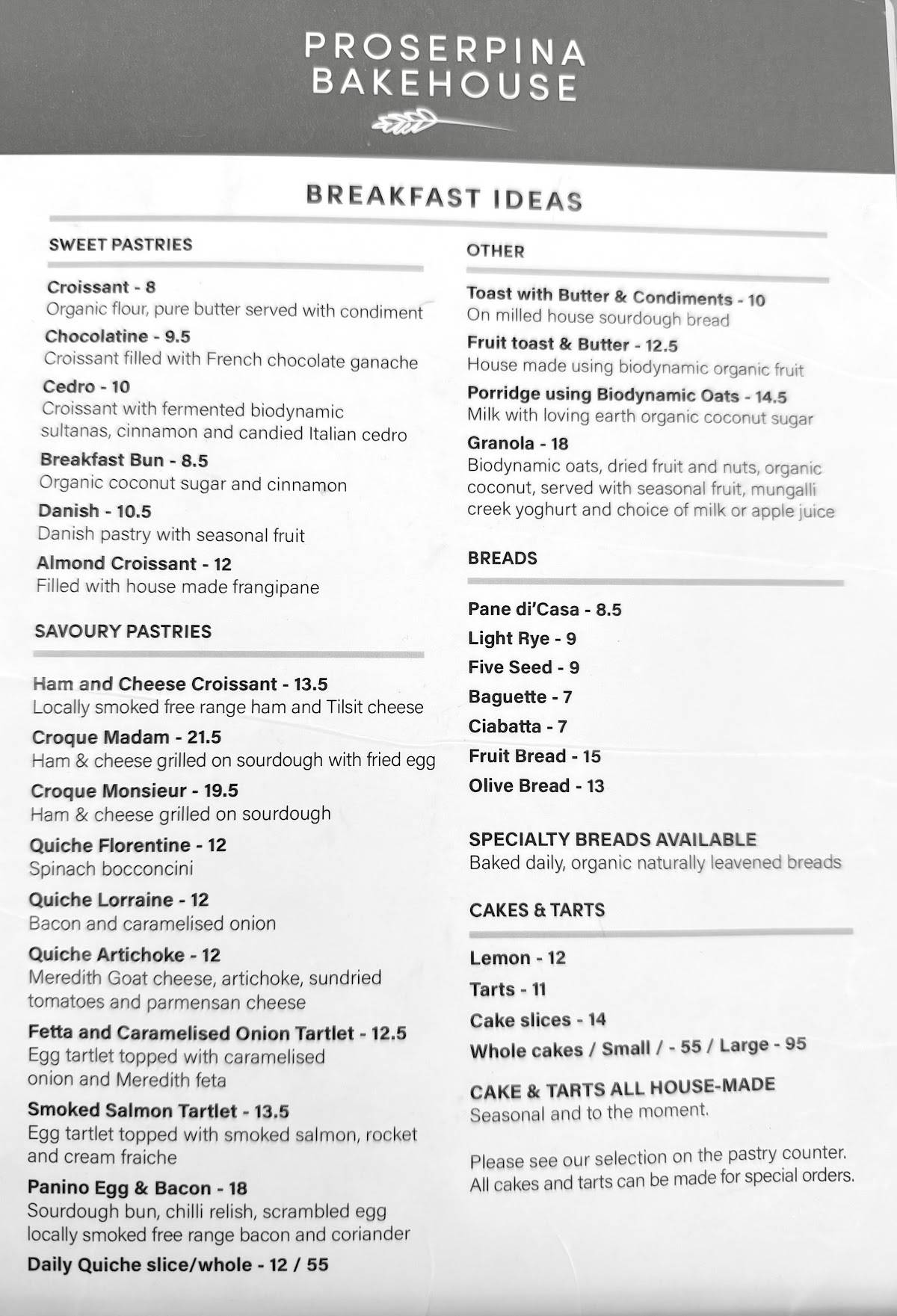 Menu at Proserpina Bakehouse cafe, Sassafras