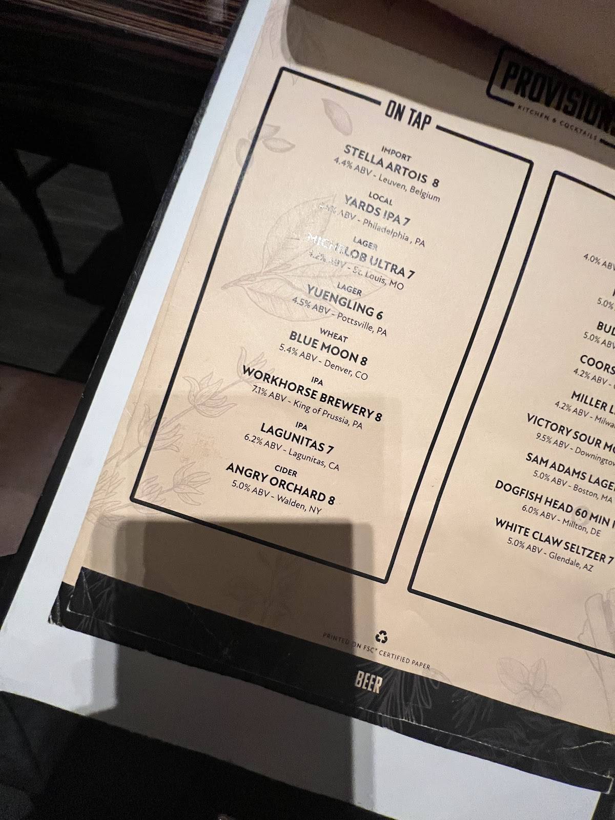 Menu at Provisions Kitchen & Cocktails pub & bar, Philadelphia