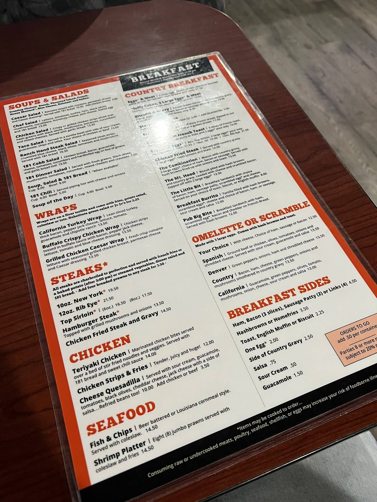 Menu at Pub 181, Gresham