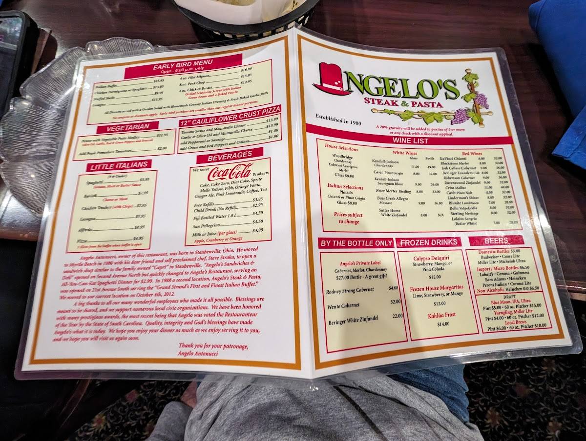 Menu at Angelo's Steak and Pasta pub & bar, Myrtle Beach