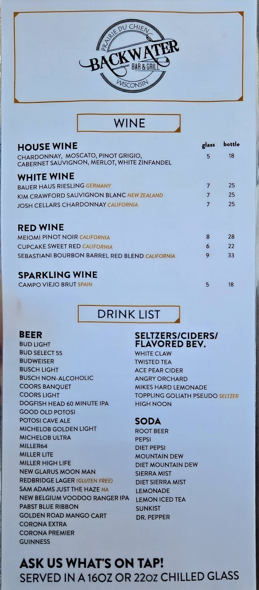 Menu at Backwater Bar & Grill, Prairie du Chien