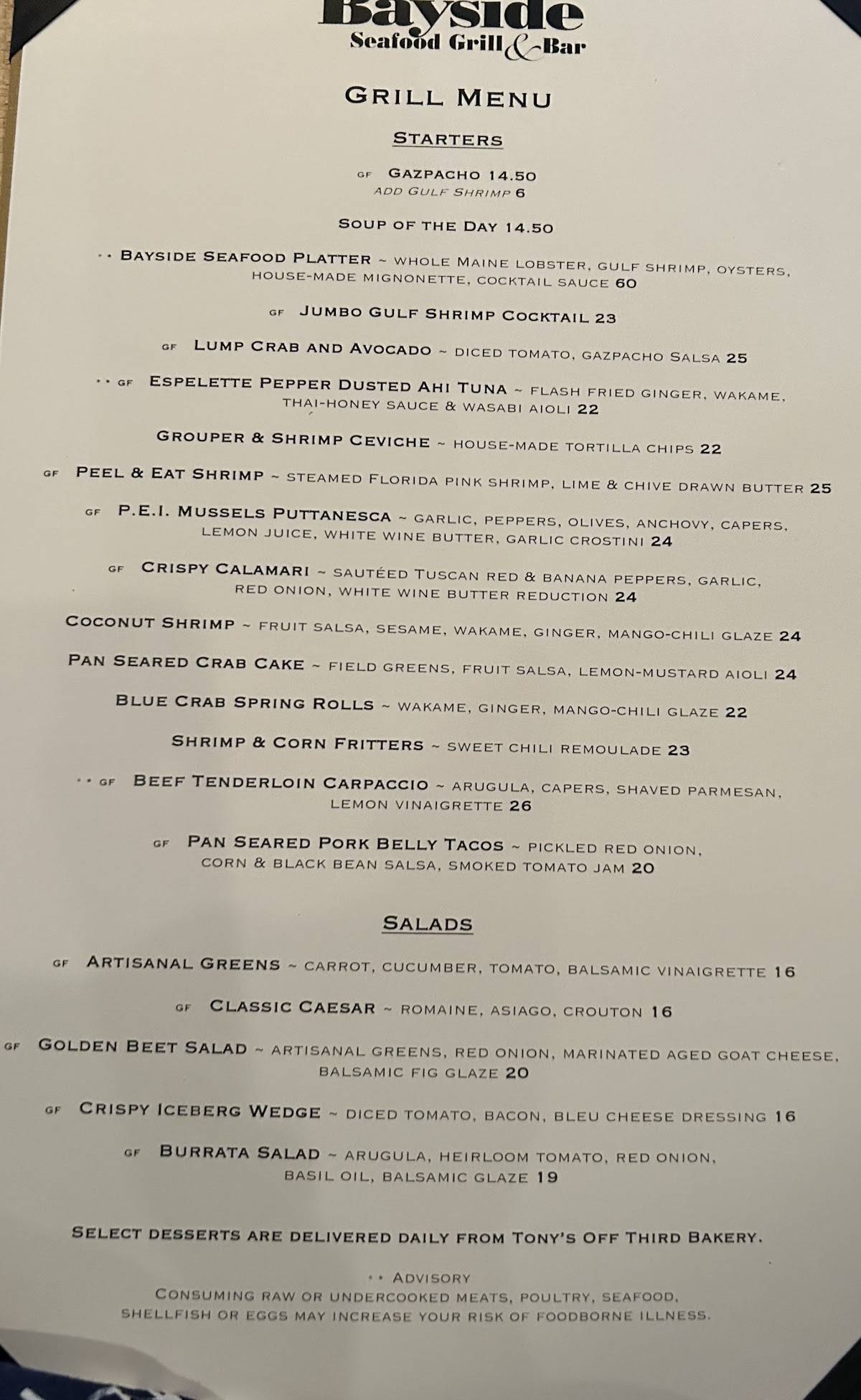 Menu at Bayside Seafood Grill & Bar, Naples