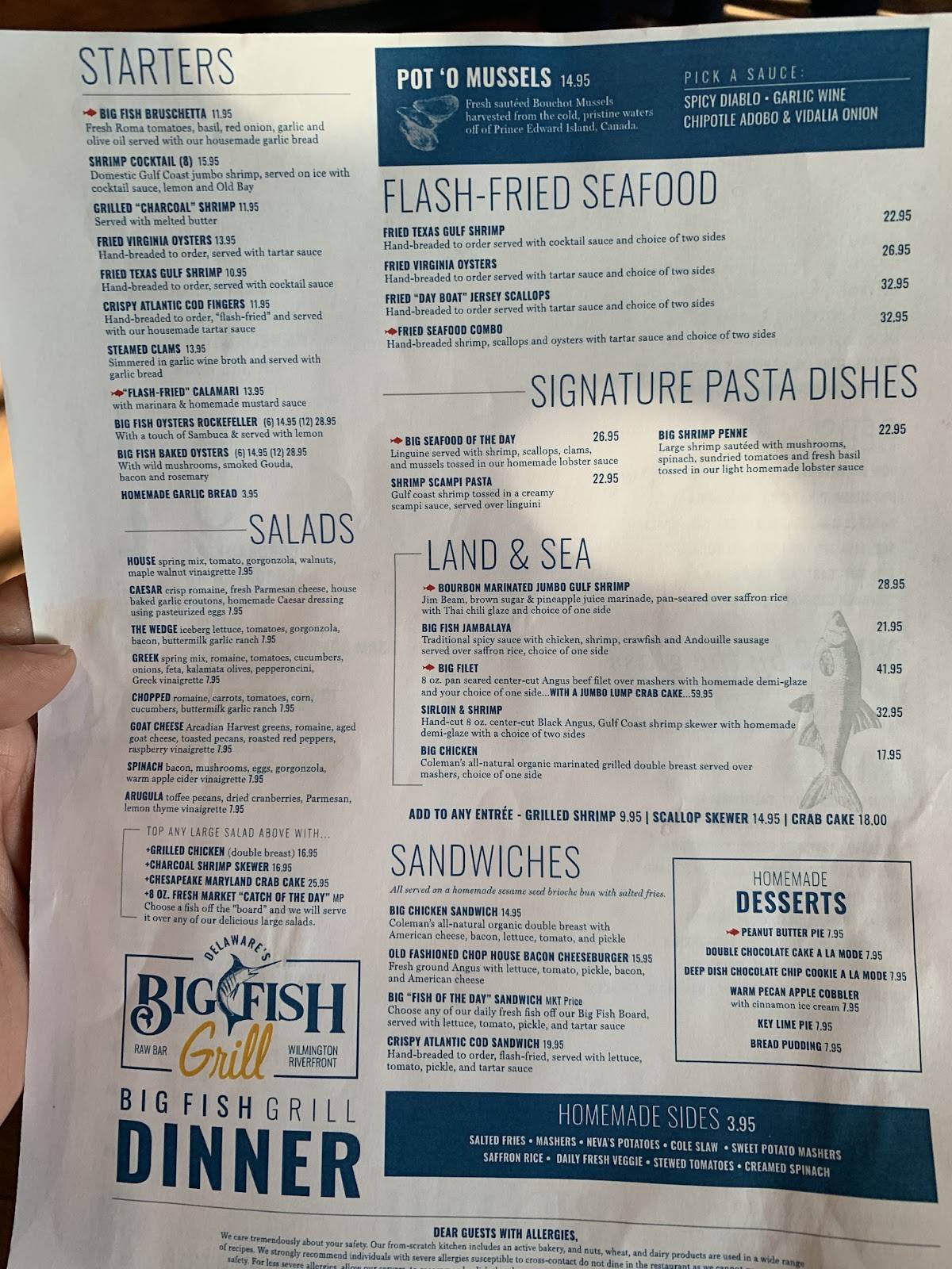 Menu at Big Fish Grill on the Riverfront pub & bar, Wilmington