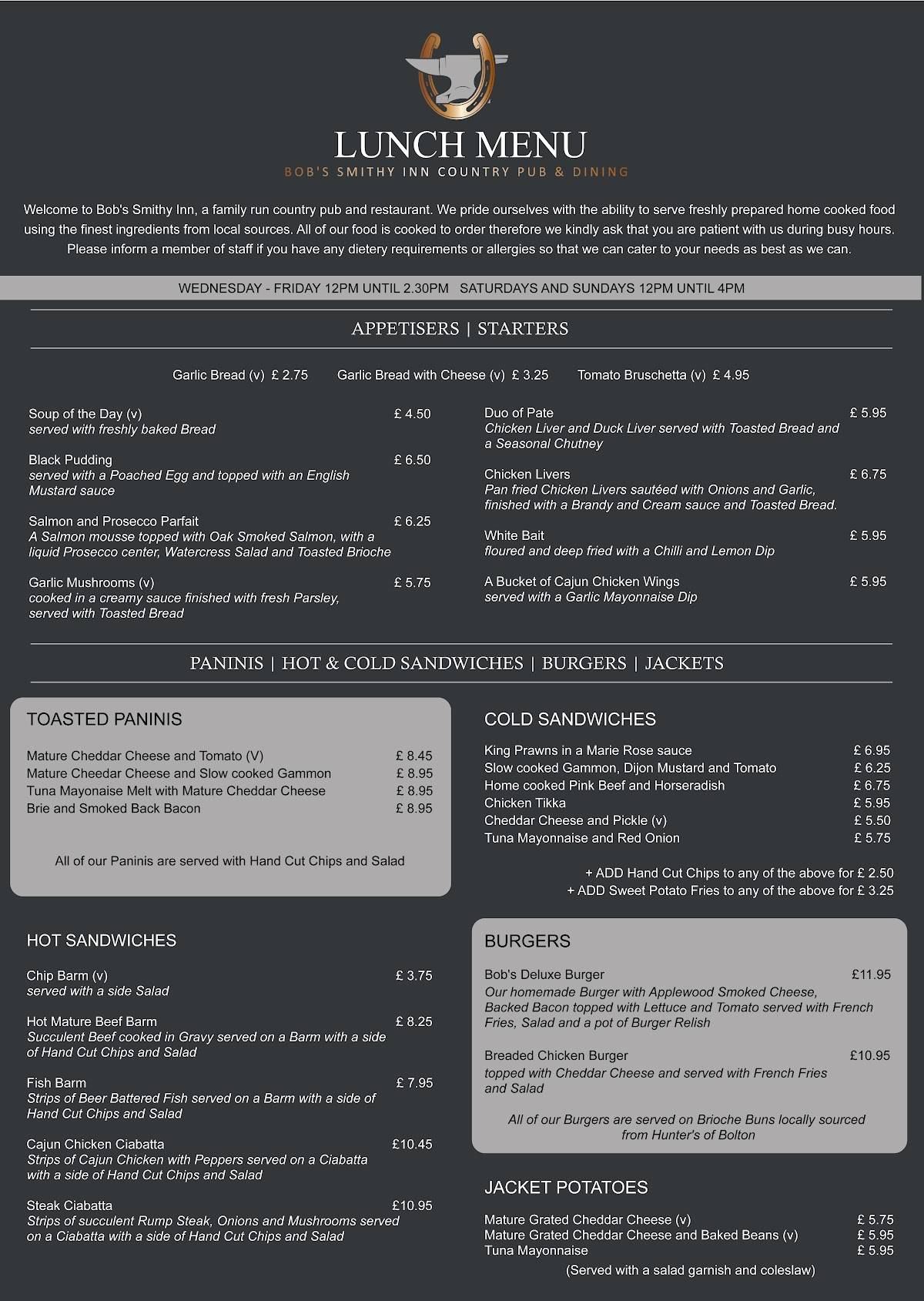 Menu at Bob's Smithy Inn pub & bar, Bolton