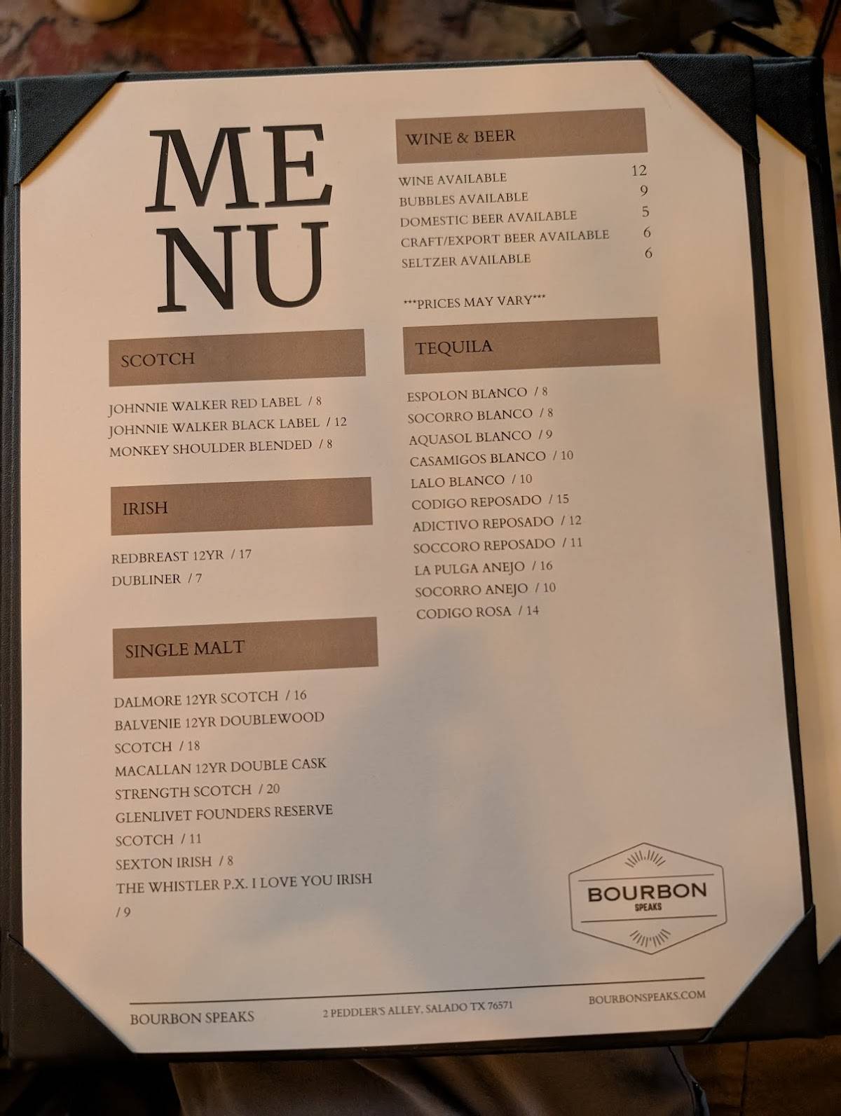 Menu at Bourbon Speaks pub & bar, Salado