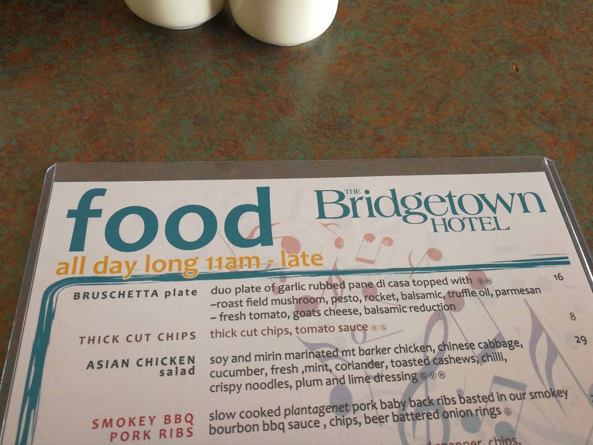 Menu at Bridgetown Hotel restaurant, Bridgetown