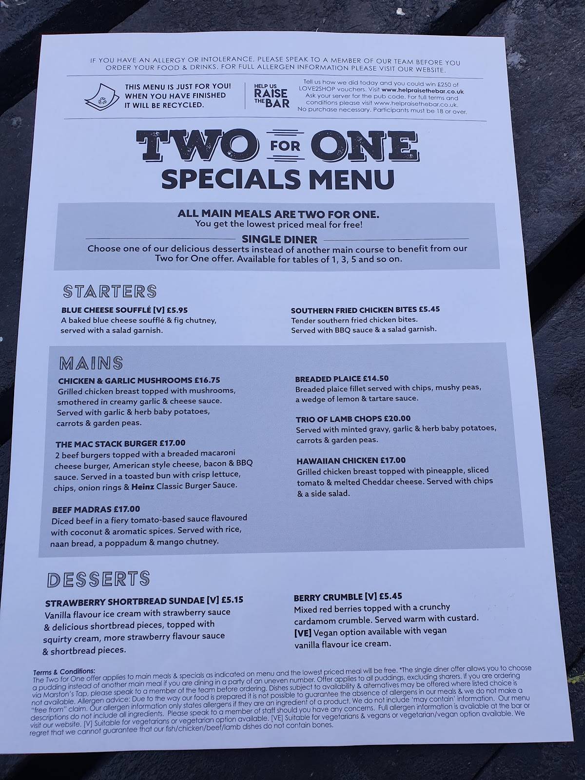 Menu at Burnt Stump pub & bar, Nottingham