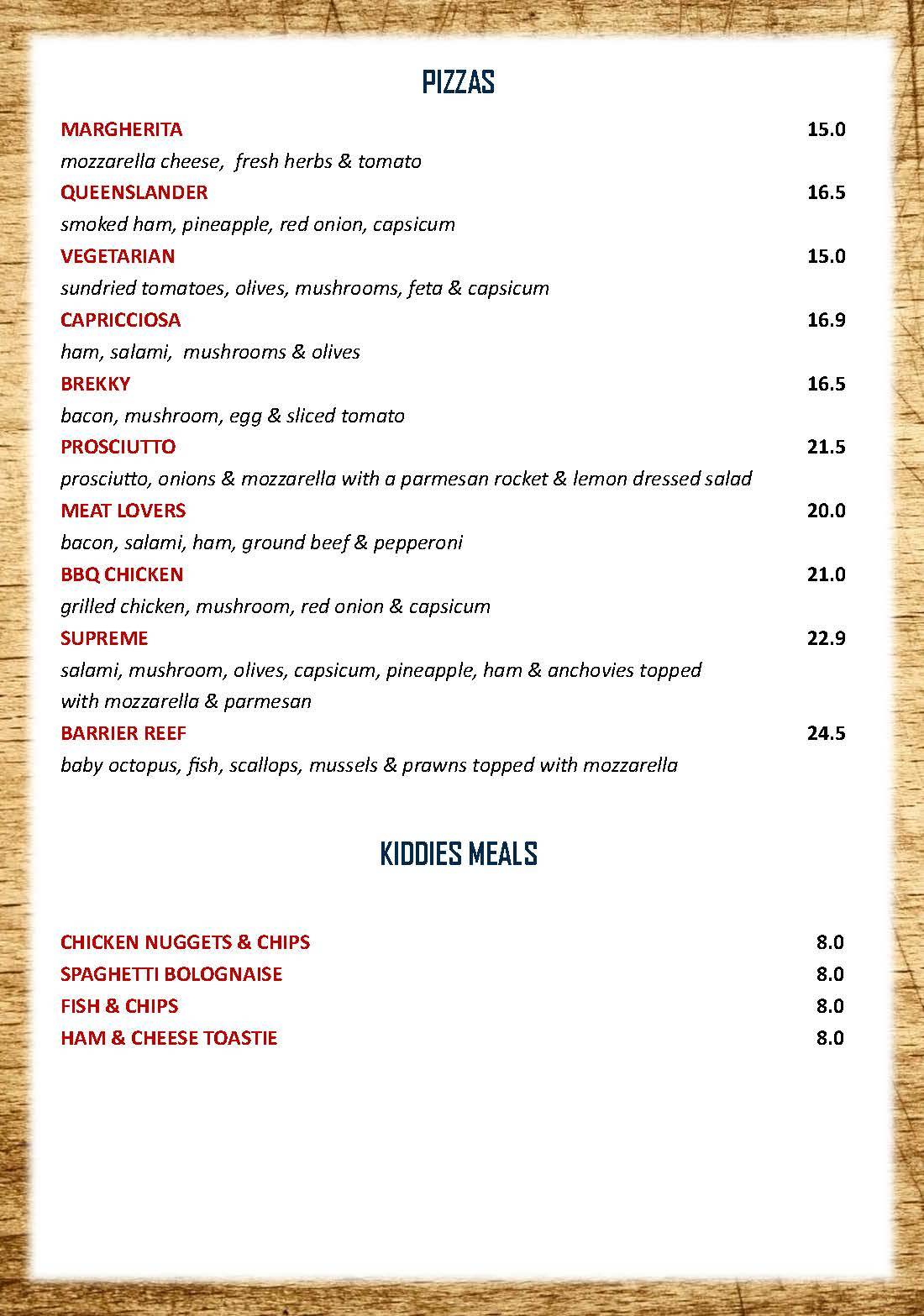 Menu at Cairns Courthouse Hotel pub & bar, Cairns City, 38 Abbott St
