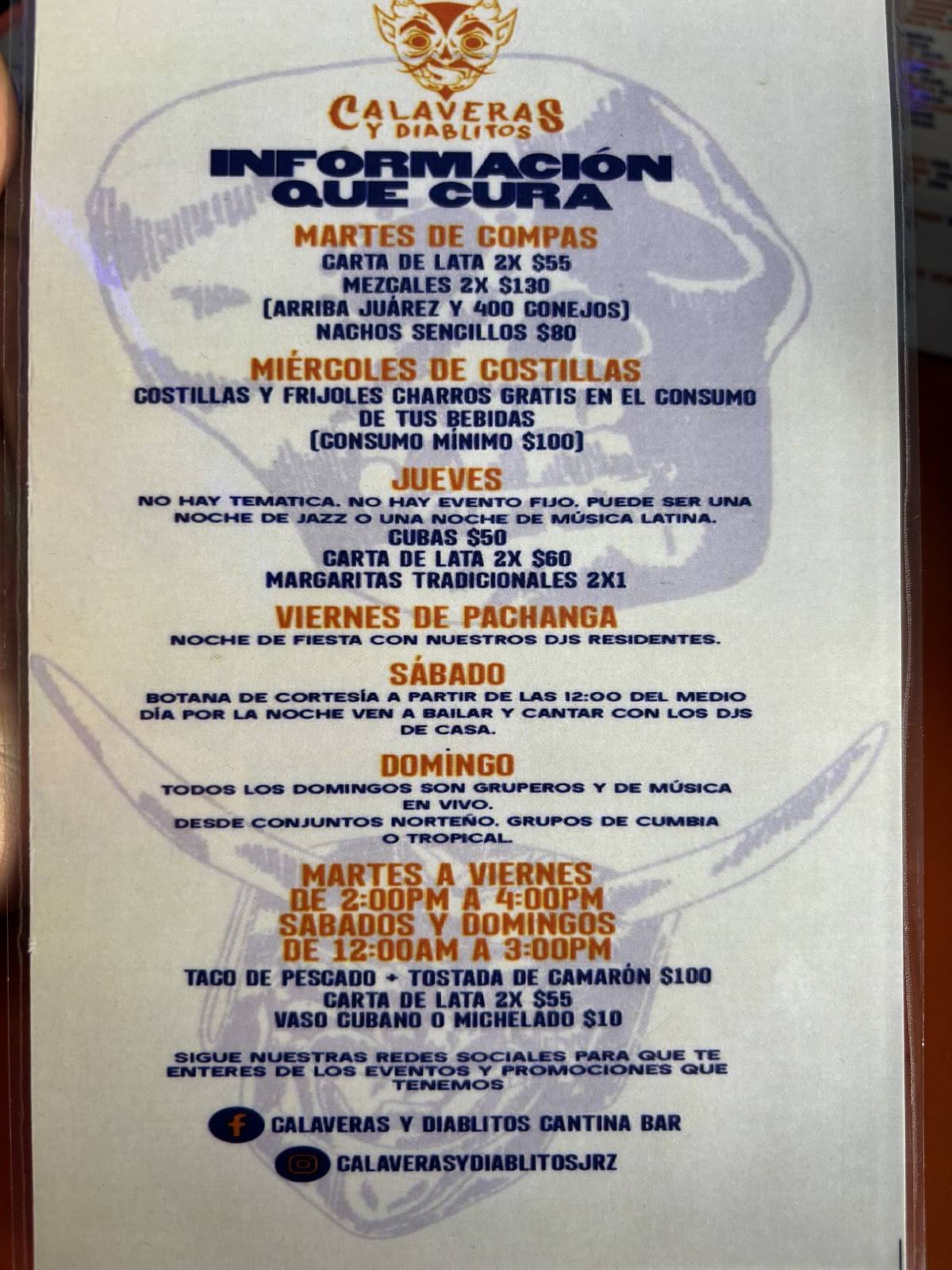 Carta del pub y bar Calaveras y Diablitos, Ciudad Juarez