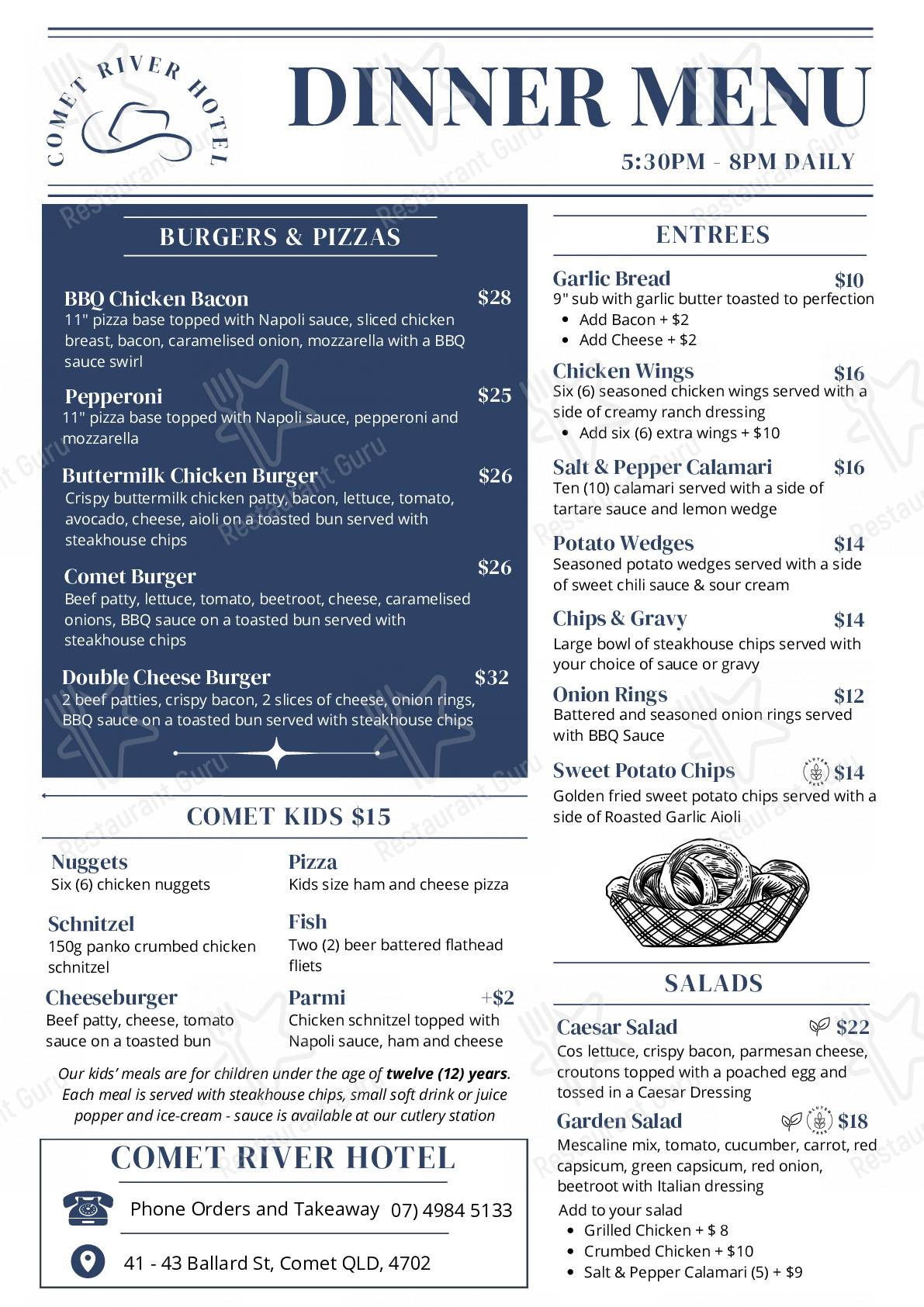 Menu at Comet River Hotel restaurant, Comet, QLD