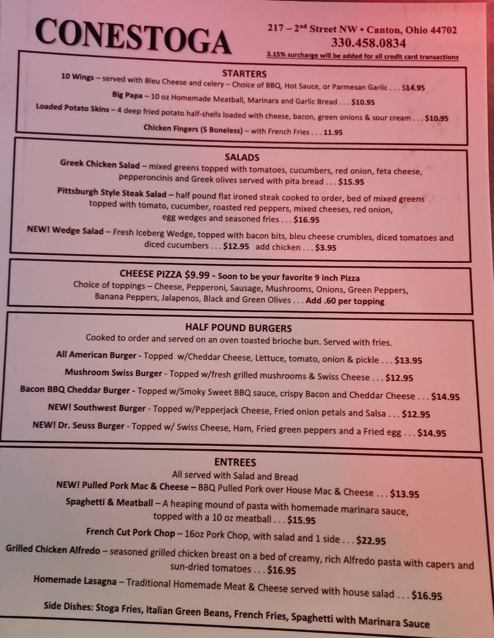 Menu at Conestoga Grill pub & bar, Canton