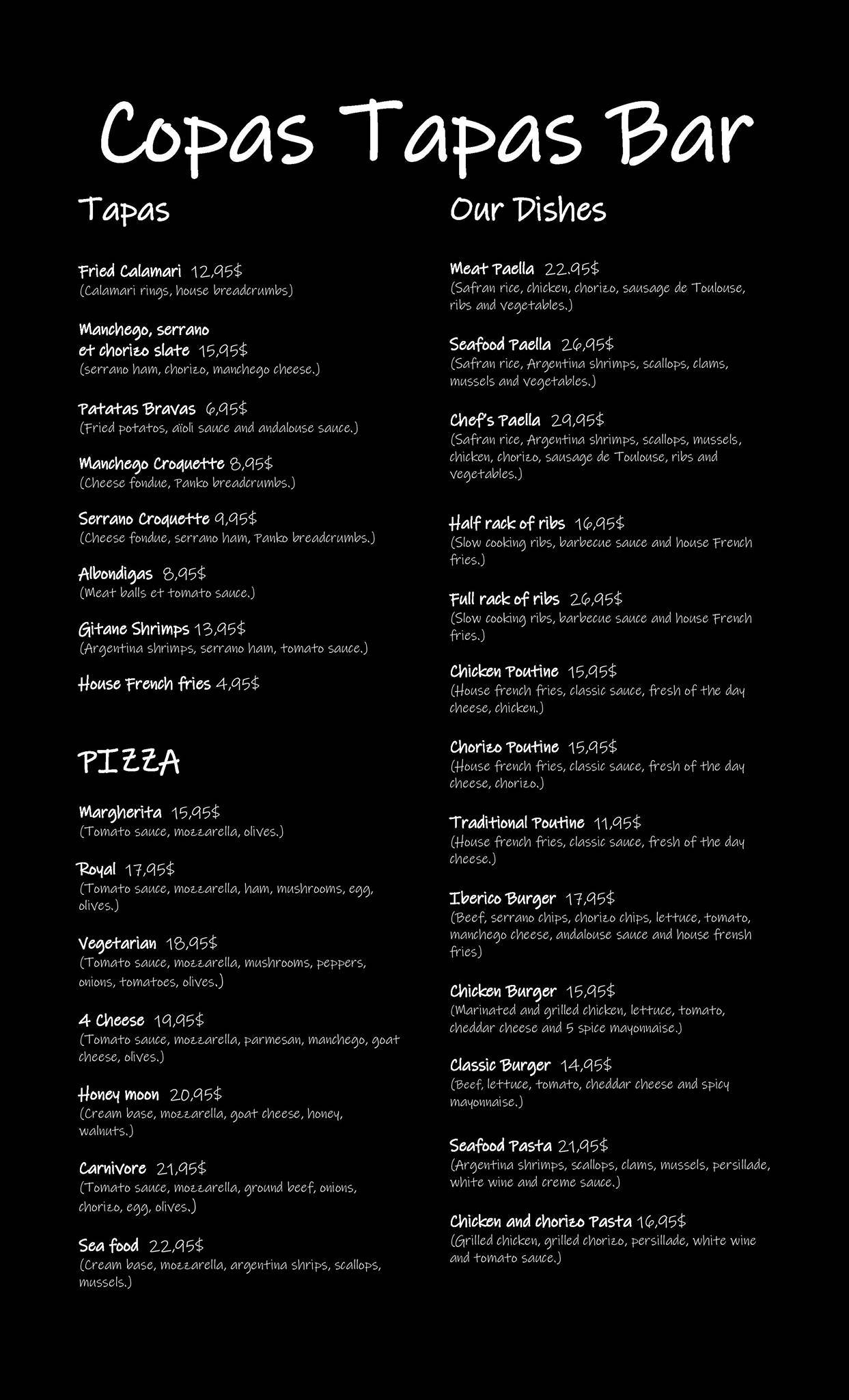 Menu at Copas pub & bar, Québec City