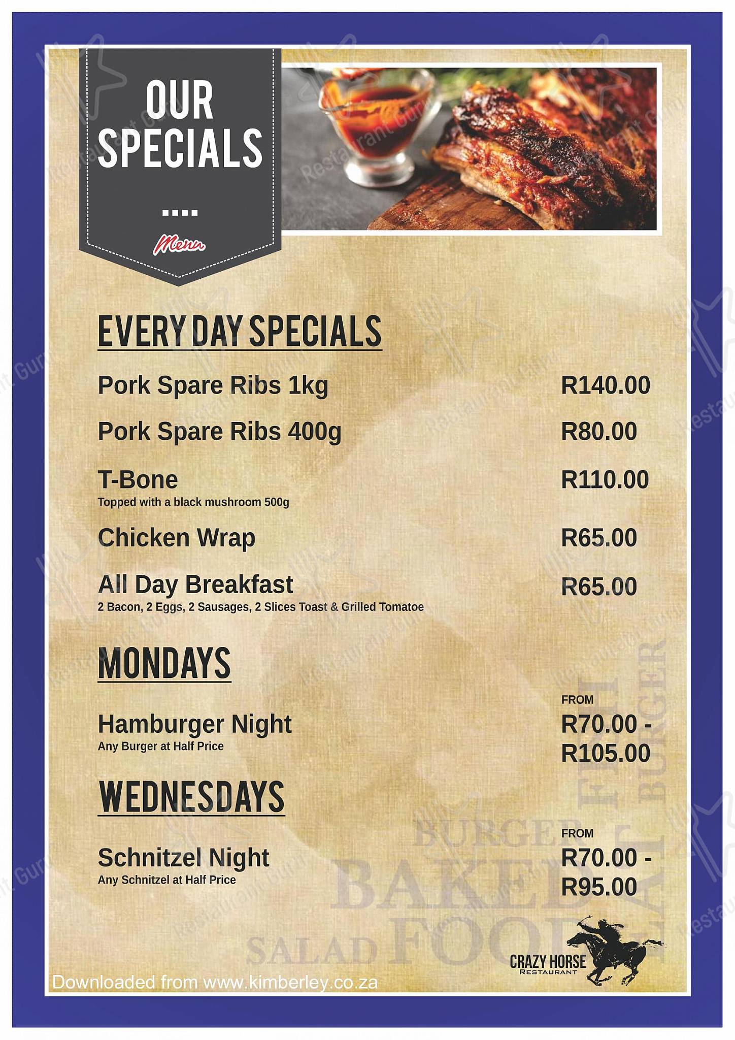Menu at Horseshoe Inn restaurant, Kimberley