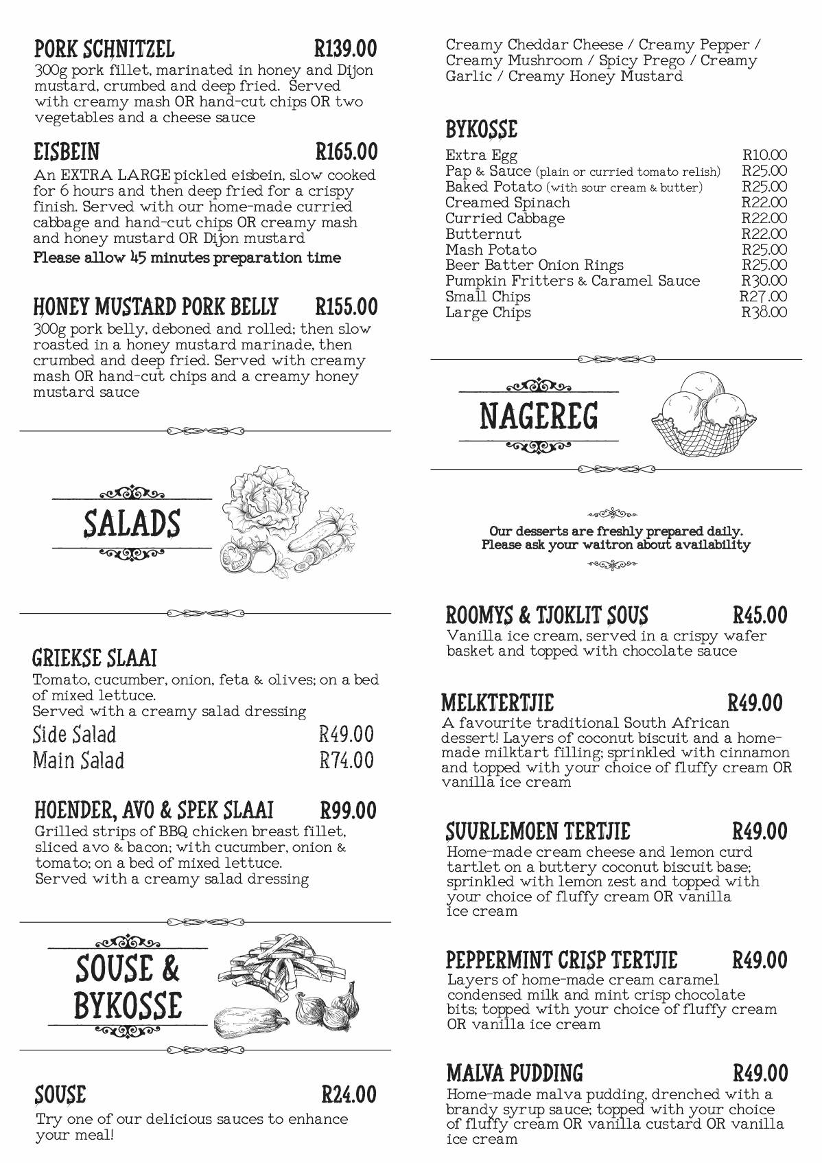 Menu at Die Plaas se Gat Restaurant, Hartbeespoort, Road 4048 R560 ...