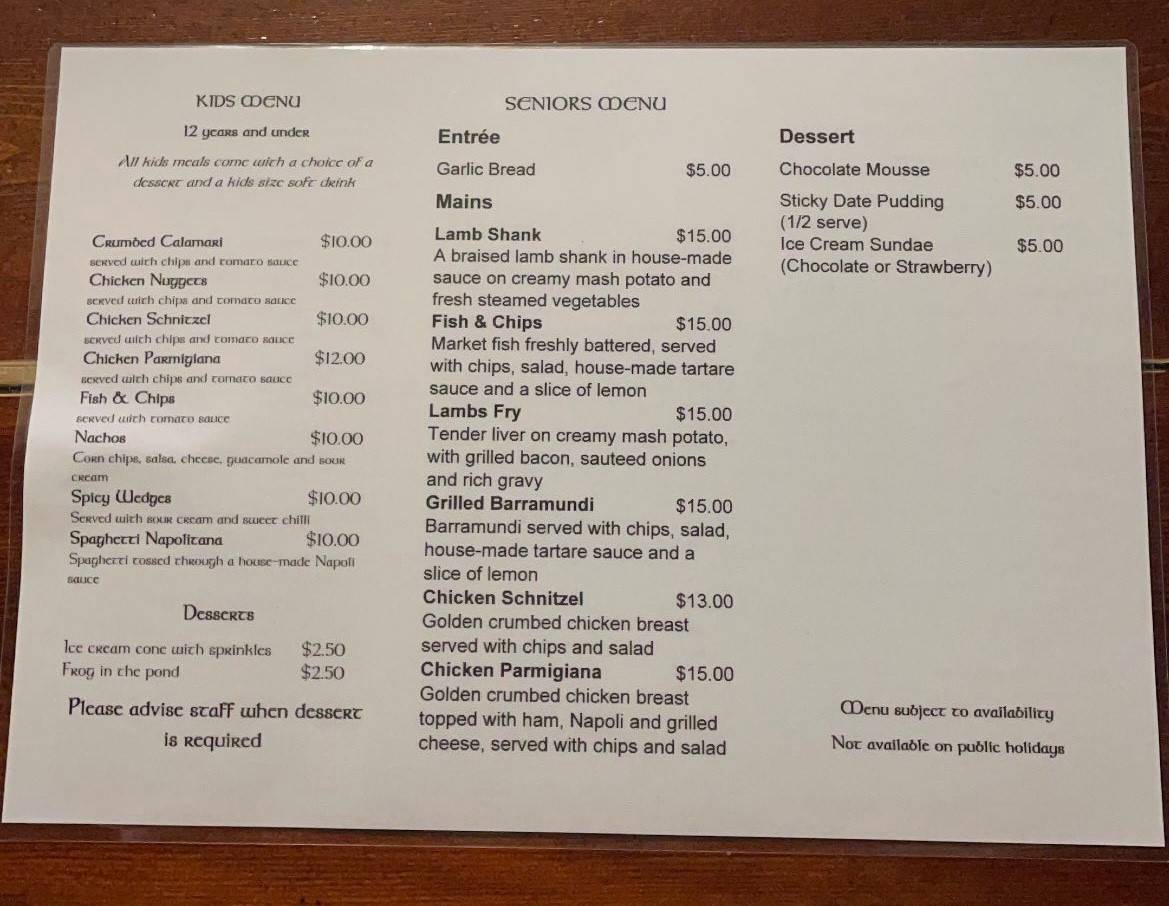 Menu at The Border Inn pub & bar, Bacchus Marsh