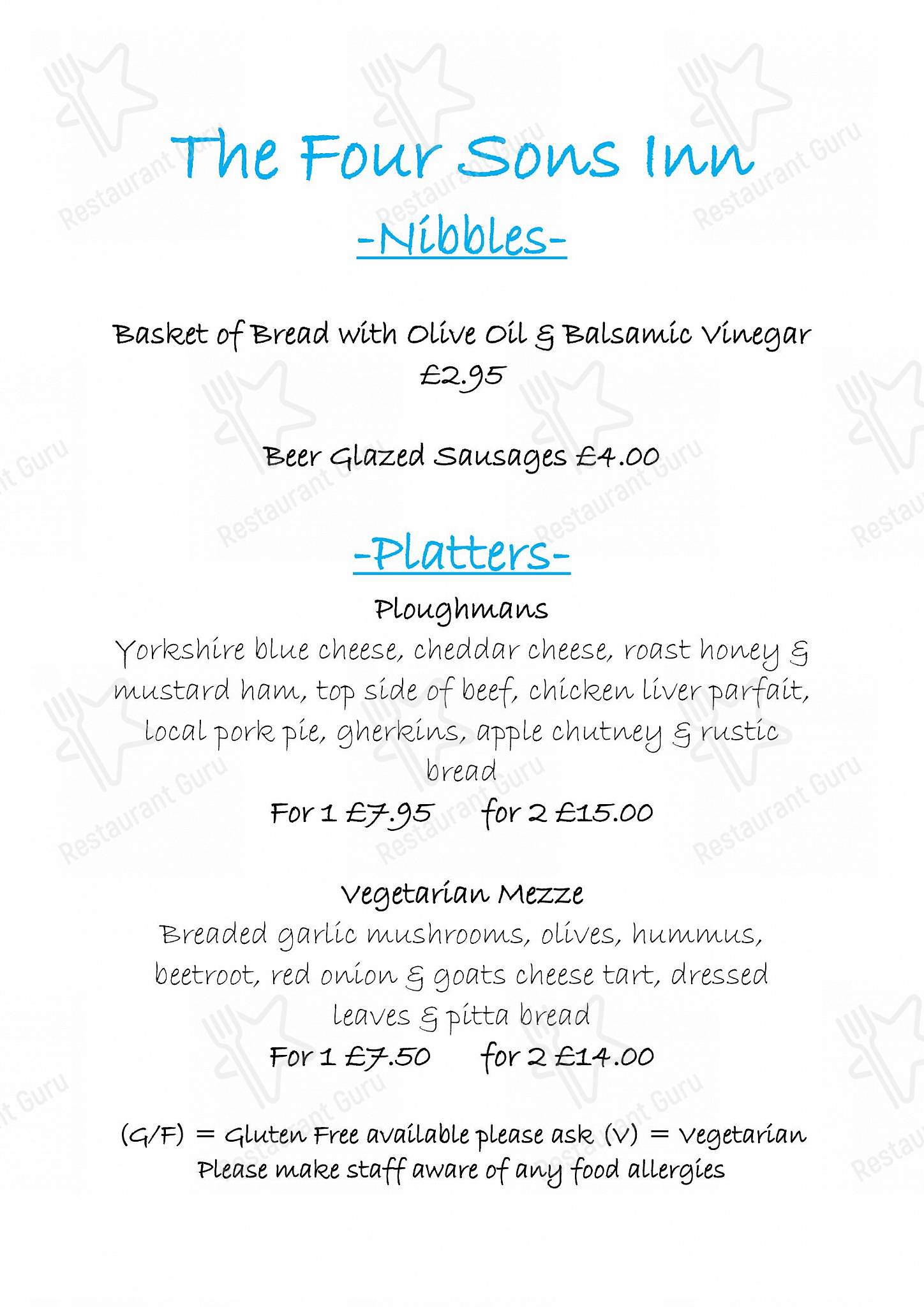 Menu at The Four Sons Inn pub & bar, Huddersfield
