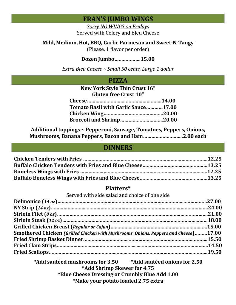 Menu at Frans Landing pub & bar, Gang Mills, 996 Addison Rd