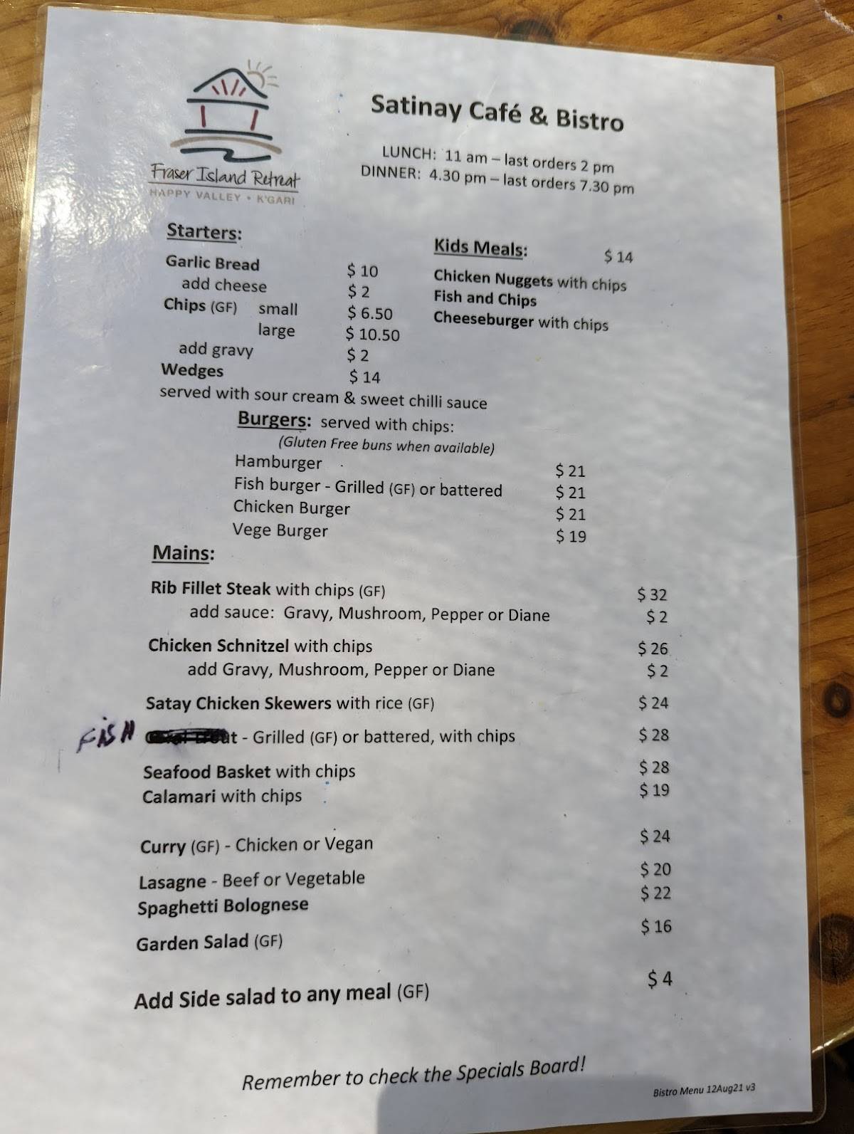 Menu at Galangoor K'gari - Fraser Island Retreat pub & bar, Fraser Island