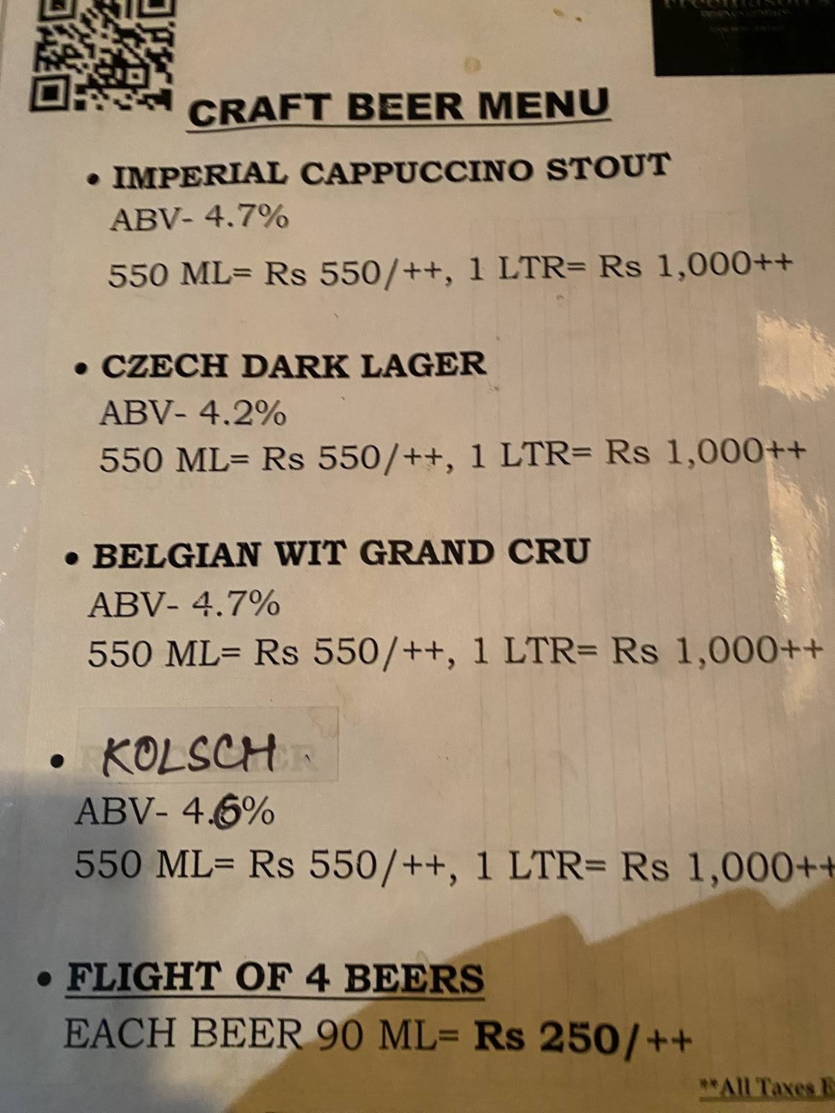 Menu at Freemason’s Brewworks, Guwahati