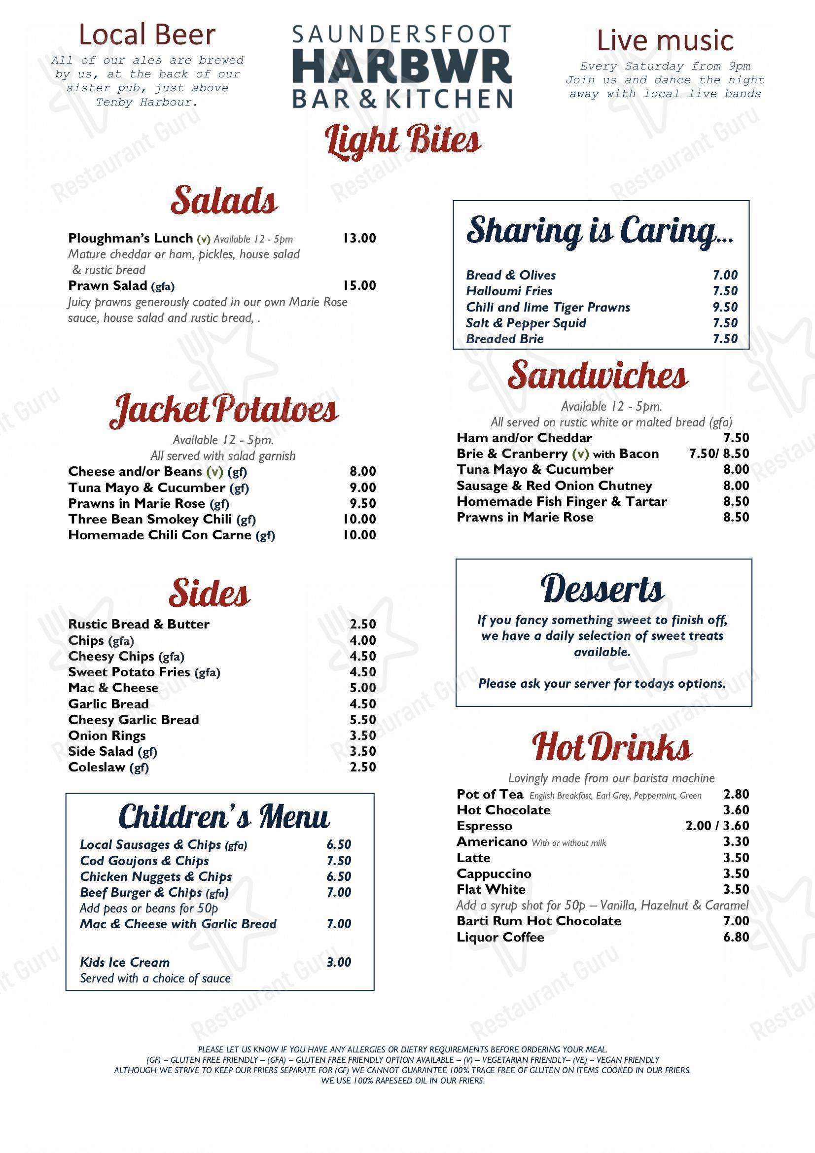 Carta de HARBWR Bar & Kitchen, Saundersfoot