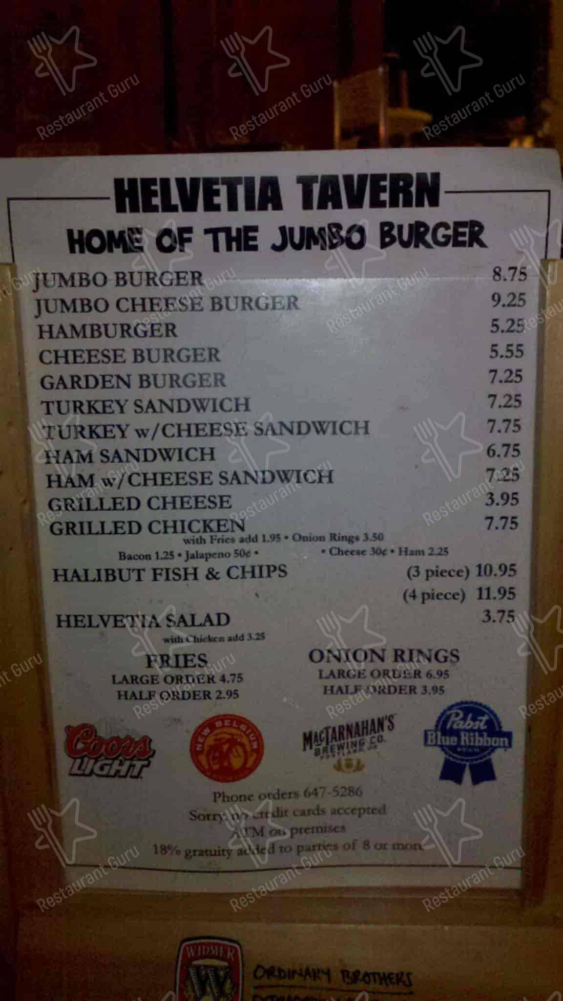 Menu at Helvetia Tavern pub & bar, Hillsboro, NW Helvetia Rd