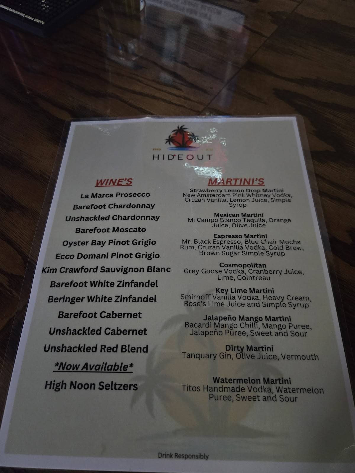 Menu at Hideout 35 pub & bar, Rockport, Hwy 35 S