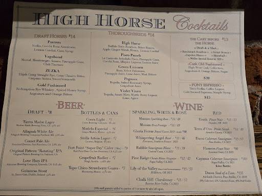 Carta del pub y bar High Horse, San Francisco