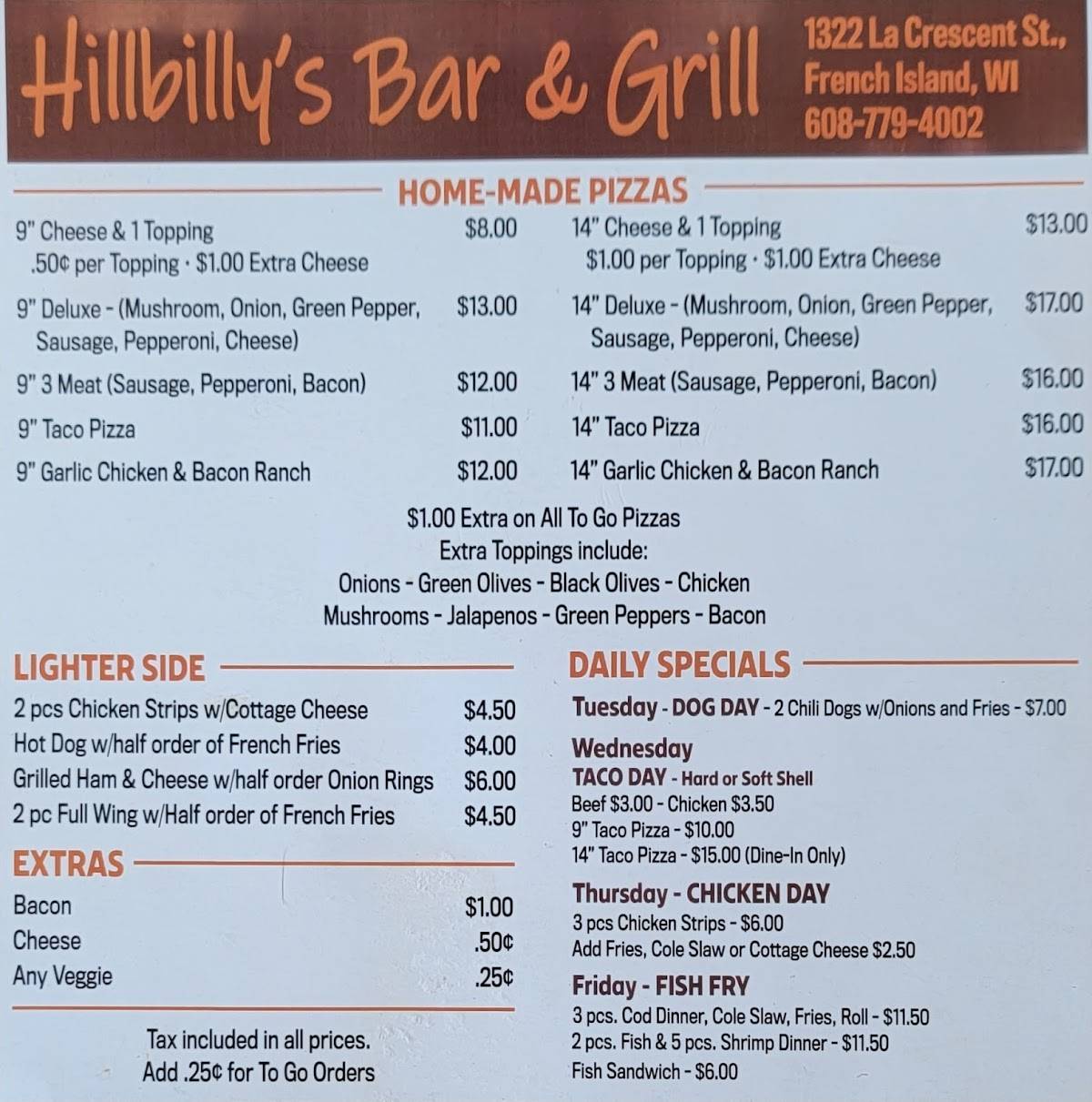 Menu at Hillbilly's Bar & Grill, La Crosse