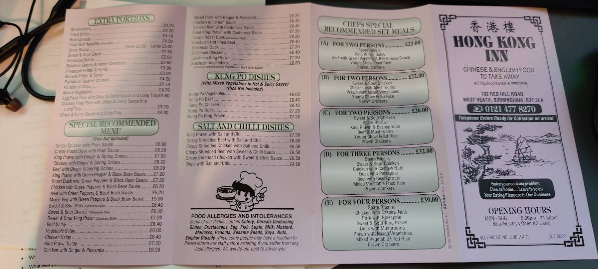 Menu at Hong Kong Inn pub & bar, Birmingham, 102 Redhill Rd