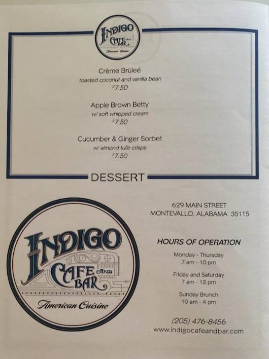 Menu at Indigo Cafe + Bar, Montevallo