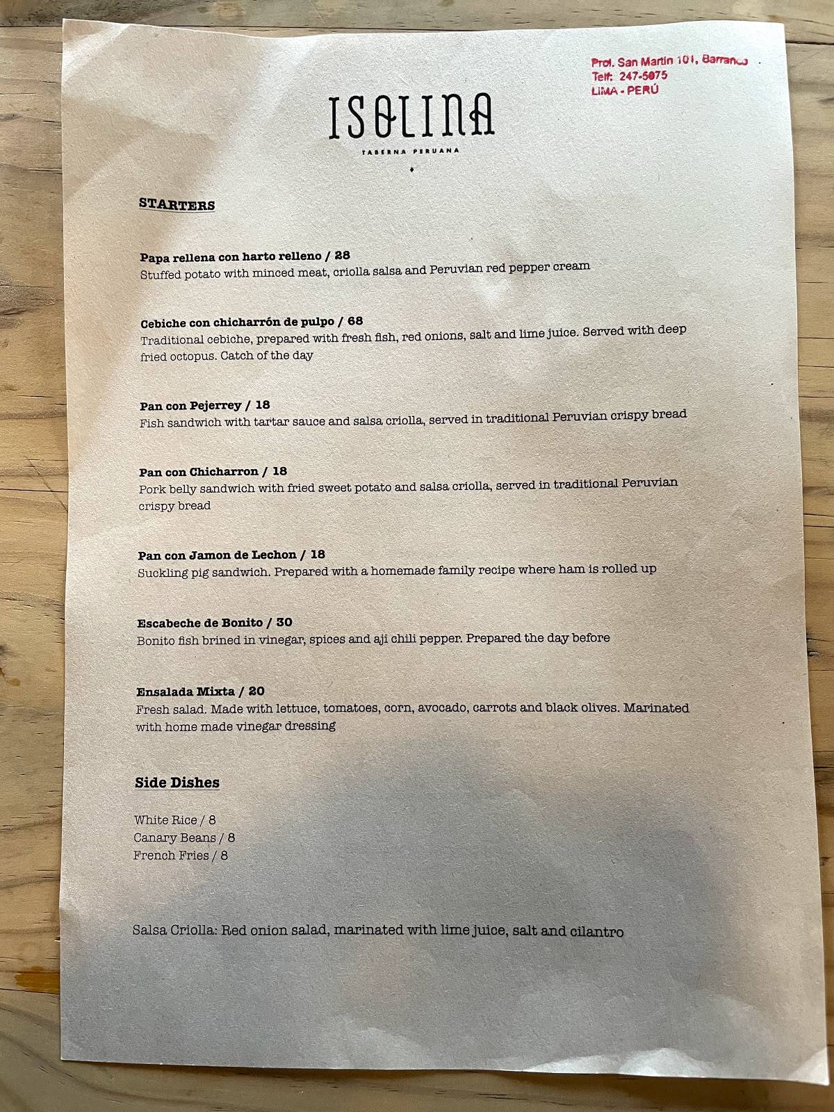 Carta del restaurante Isolina Taberna Peruana, Barranco