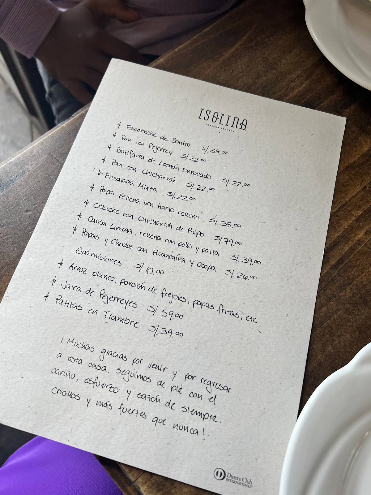 Carta del restaurante Isolina Taberna Peruana, Barranco