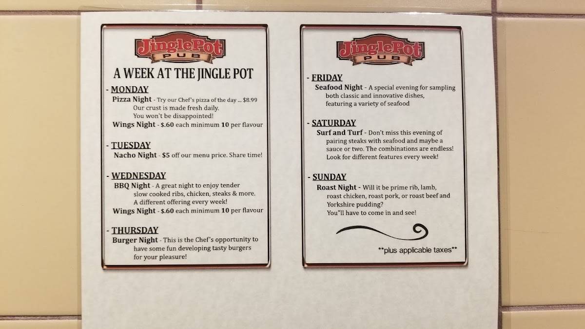 Menu at Jinglepot Pub, Nanaimo