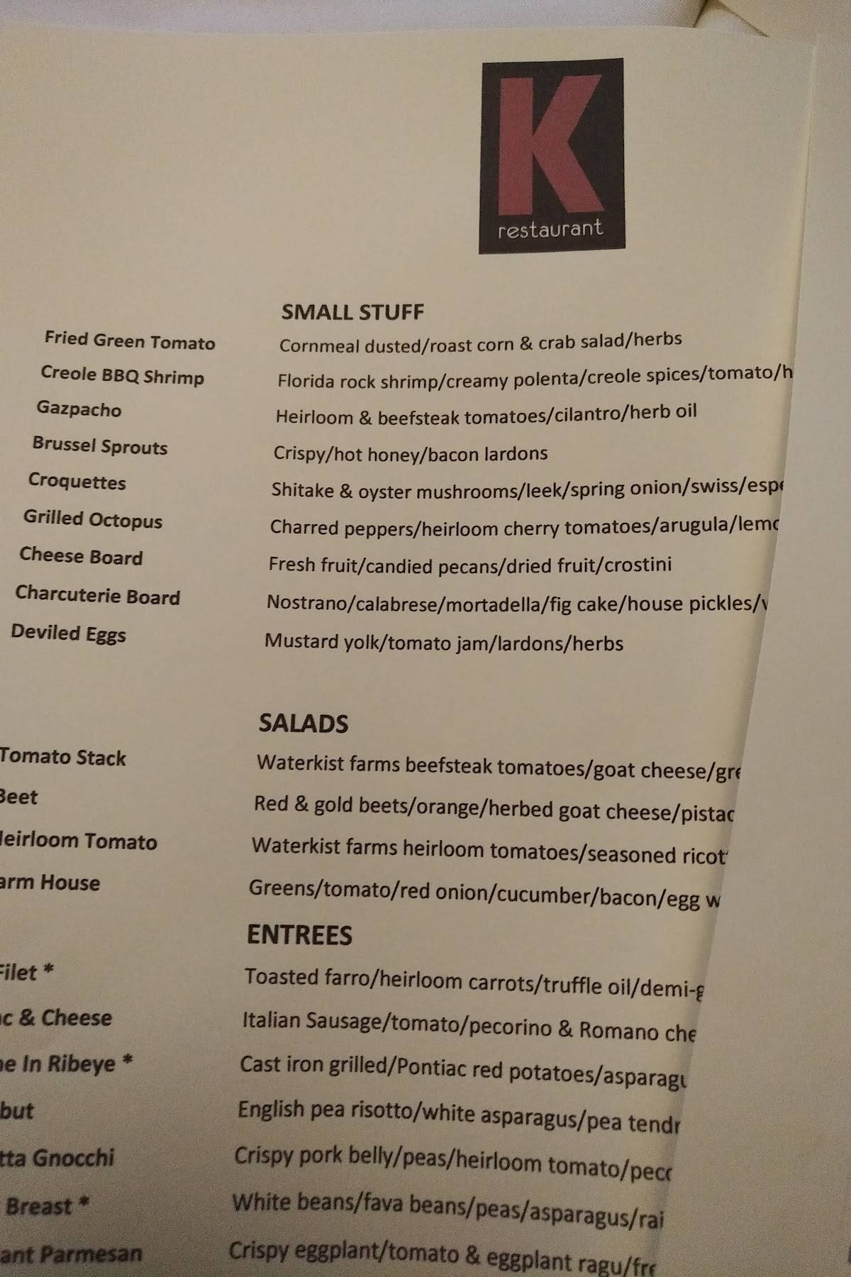 Menu at K Restaurant, Orlando