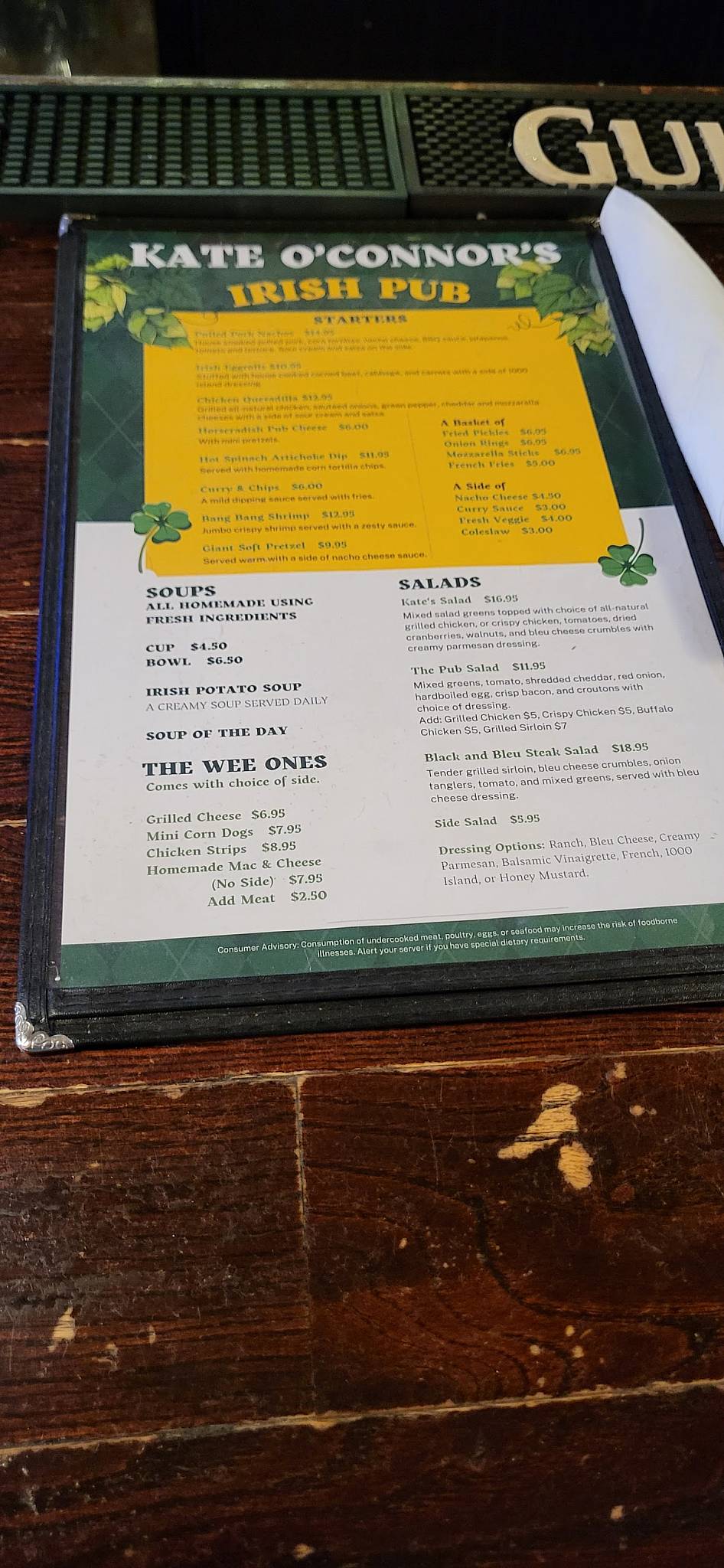 Menu at Kate O'Connor's Irish Pub, New Carlisle